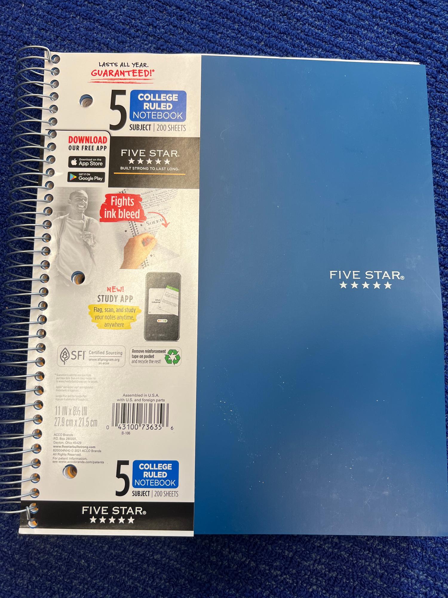 Five Star Notebook - 5 Sub - Generic Colors | UMass Lowell Bookstore