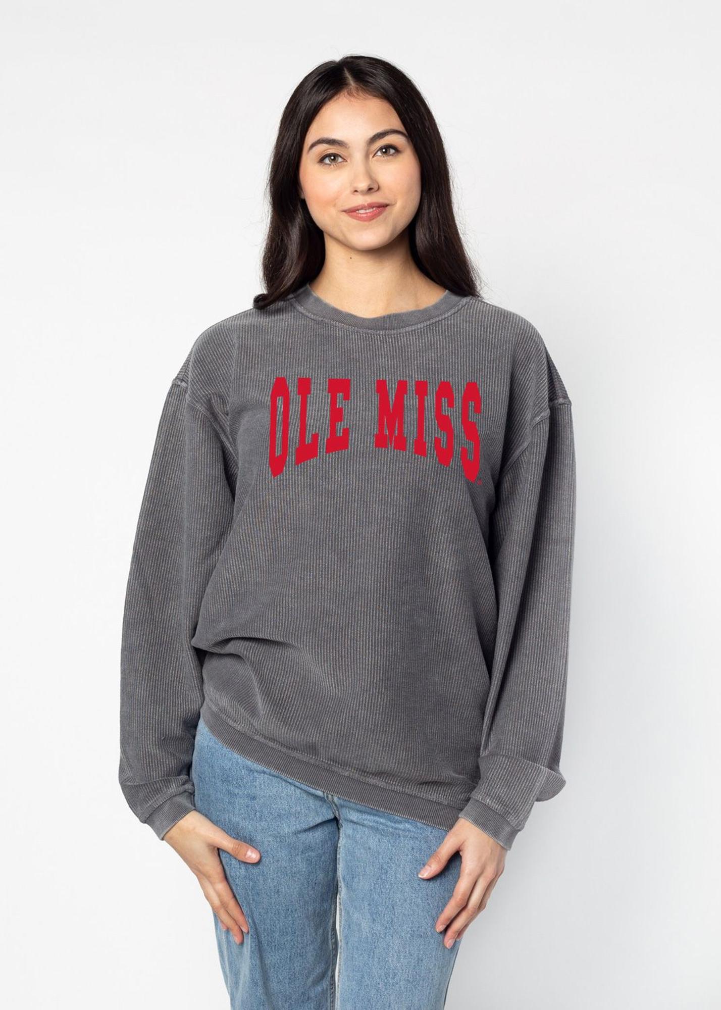 Ole Miss Reverse Arch Corded Crew Charcoal | Rebel Bookstore